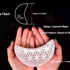 AMOYSTONE Selenite Charging Bowl 4” Crescent Moon Stone Bowl Engraving Pattern Flower of Life, for Jewelry, Home Decoration