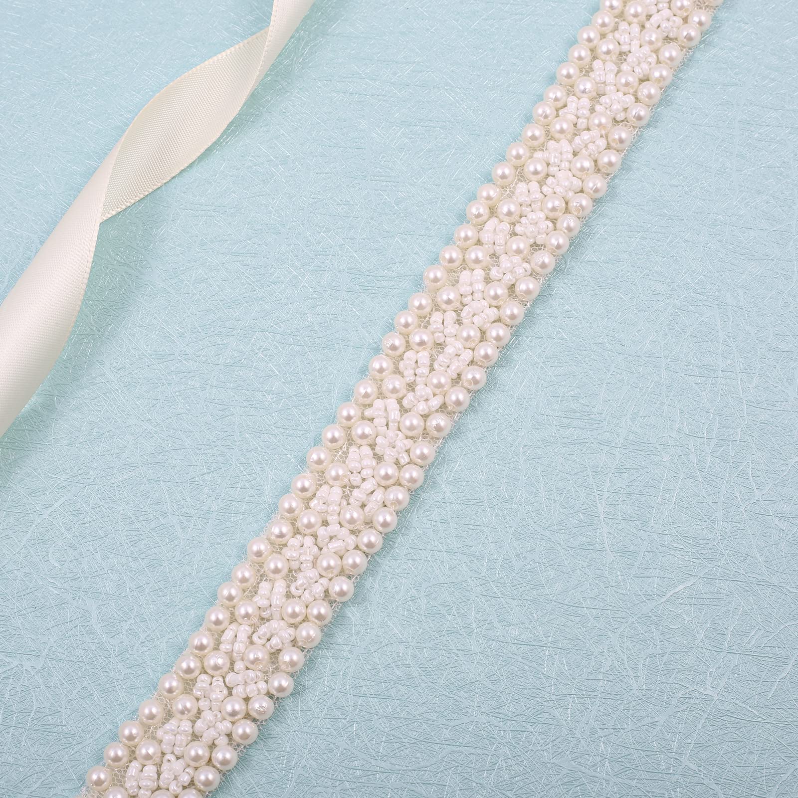 Fubney Crystal Bridal Belt Handmade Pearls Wedding Sash Belts Bridesmaid Sash for Women's Dress (ivory)