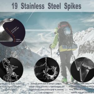 Crampons Ice Cleats for Snow Boots and Shoes Traction Grips Women Men Anti Slip 19 Stainless Steel Spikes Safe Protect for Hiking Fishing Walking Climbing Mountaineering Jogging Black L