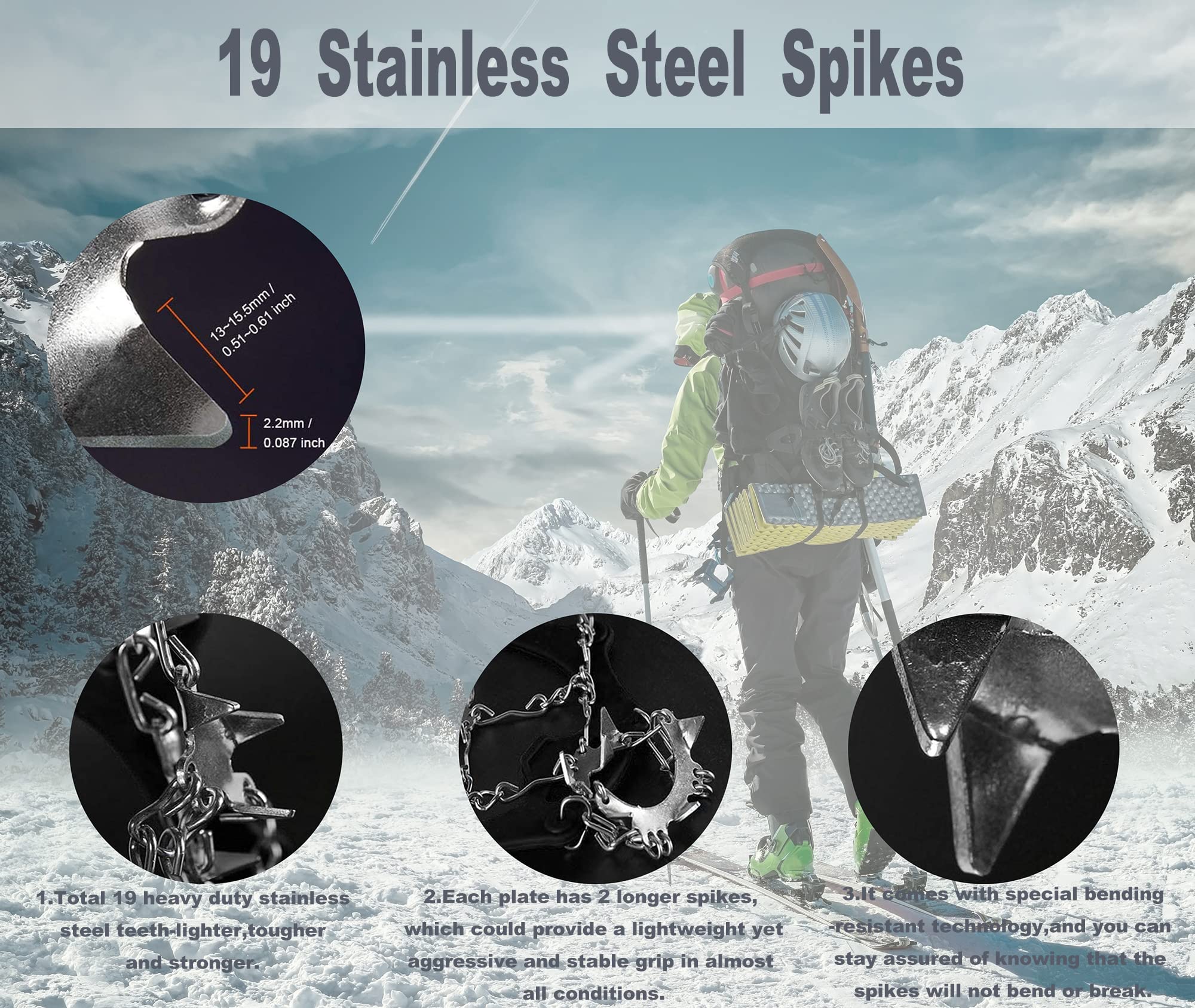 Crampons Ice Cleats for Snow Boots and Shoes Traction Grips Women Men Anti Slip 19 Stainless Steel Spikes Safe Protect for Hiking Fishing Walking Climbing Mountaineering Jogging Black L