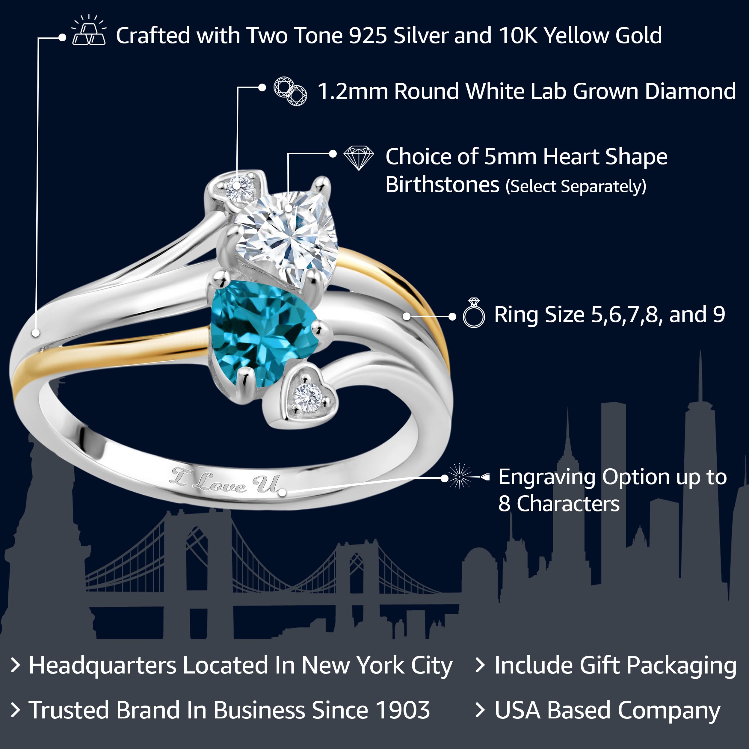 Gem Stone King 925 Sterling Silver and 10K Yellow Gold Customized and Personalized 2-Stone Heart Shape Gemstone Birthstone and White Moissanite Ring For Women (Size 8)