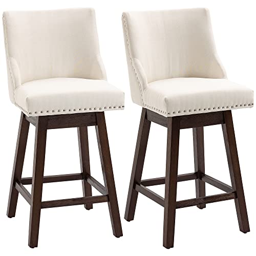 HOMCOM 28" Swivel Bar Height Bar Stools Set of 2, Armless PU Leather Upholstered Barstools Chairs with Nailhead Trim and Wood Legs, Cream White