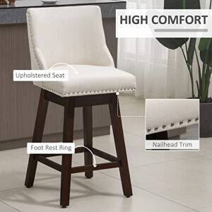 HOMCOM 28" Swivel Bar Height Bar Stools Set of 2, Armless PU Leather Upholstered Barstools Chairs with Nailhead Trim and Wood Legs, Cream White