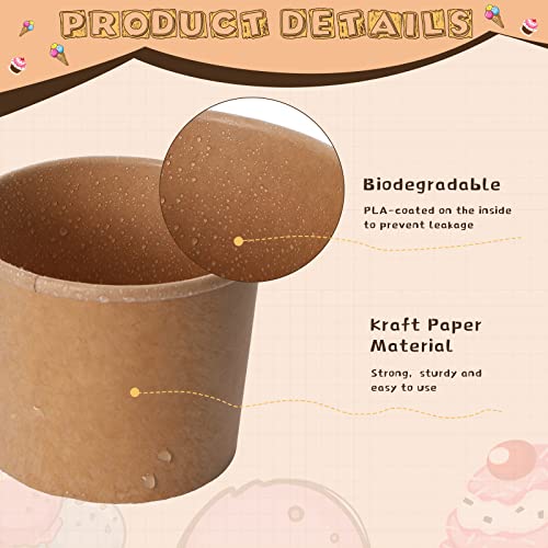 Honeydak 100 Pieces Ice Cream Cups Paper Disposable Sundae Bowls Kraft Paper Hot Cold Soup Snack Yogurt Dessert Small Cups for Ice Cream Baby Shower Party Supplies, Brown(8 oz)