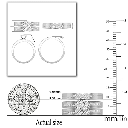 Dazzlingrock Collection 0.35 Carat Round White Diamond Cushion Framed Trio Ring Set for Him & Her in 925 Sterling Silver, Women Size 8 and Men Size 10.5