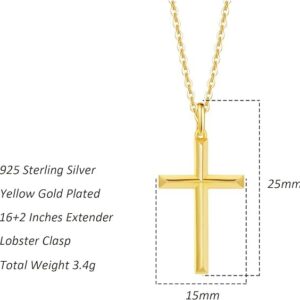 FANCIME Yellow Gold Plated 925 Sterling Silver Beveled Cross Pendant Necklace Dainty Fine Delicate Jewelry Easter Gifts for Women 18 INCHES