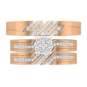 Dazzlingrock Collection 0.35 Carat Round White Diamond Cushion Framed Trio Ring Set for Him & Her in 10K Rose Gold, Women Size 4 and Men Size 8