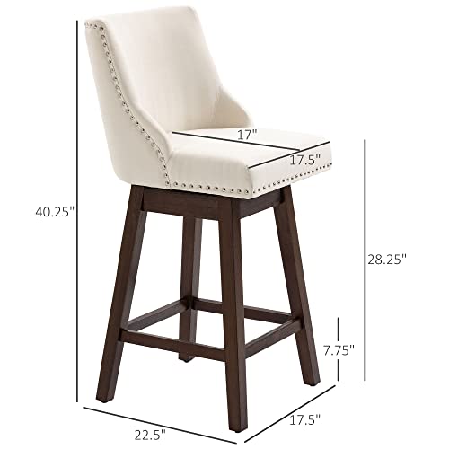 HOMCOM 28" Swivel Bar Height Bar Stools Set of 2, Armless PU Leather Upholstered Barstools Chairs with Nailhead Trim and Wood Legs, Cream White