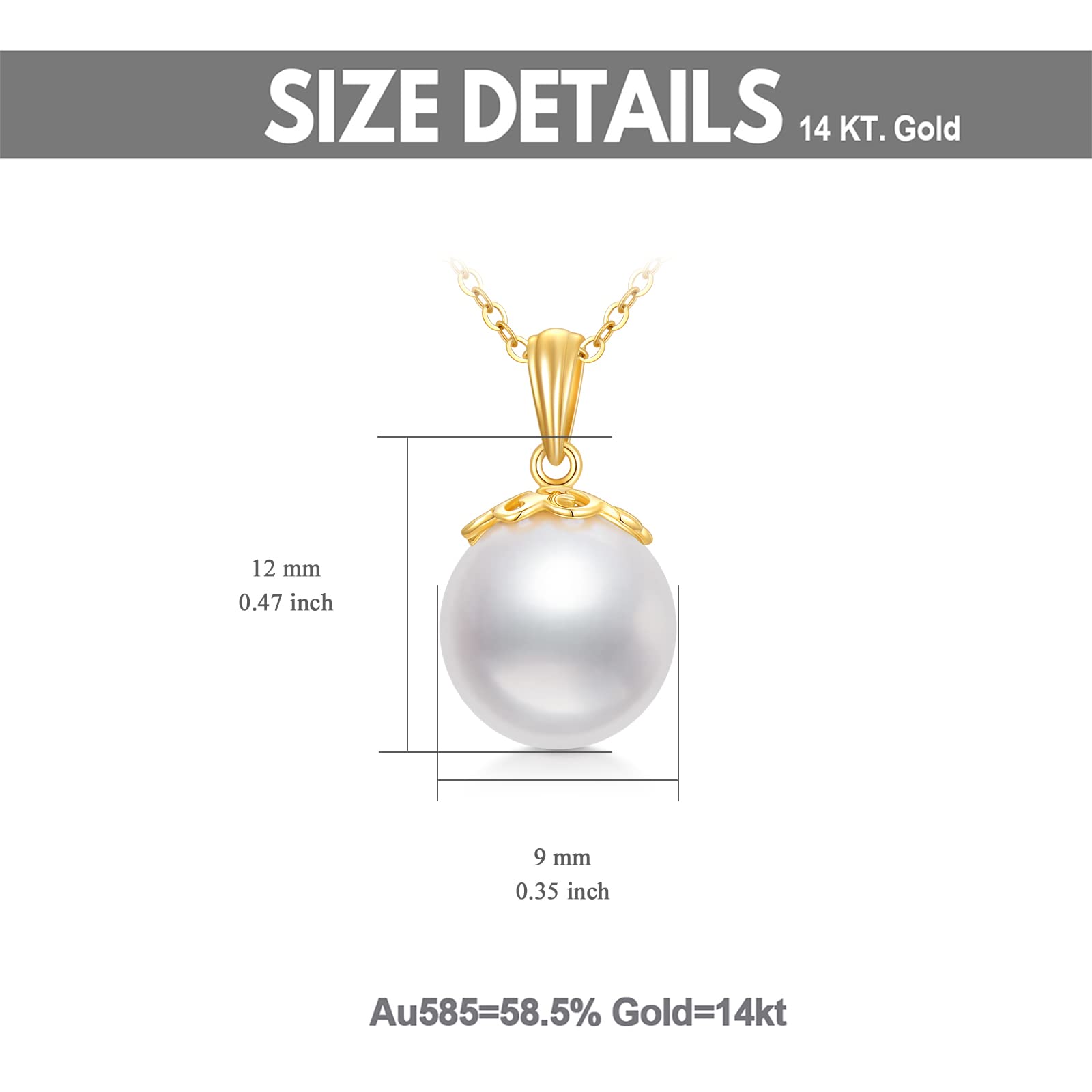 SISGEM 14K Real Gold Pearl Pendant Necklace for Women,Yellow Gold 9 MM Freshwater Pearl Necklace Anniversary Birthday Jewelry Present for Wife Mom 16''+2'' (Yellow Gold, 9 MM)