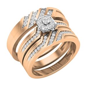 dazzlingrock collection 0.35 carat round white diamond cushion framed trio ring set for him & her in 10k rose gold, women size 4 and men size 8