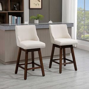 HOMCOM 28" Swivel Bar Height Bar Stools Set of 2, Armless PU Leather Upholstered Barstools Chairs with Nailhead Trim and Wood Legs, Cream White