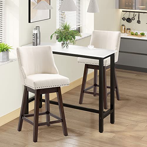 HOMCOM 28" Swivel Bar Height Bar Stools Set of 2, Armless PU Leather Upholstered Barstools Chairs with Nailhead Trim and Wood Legs, Cream White