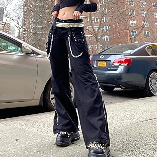 Biivrii Women High Waisted Gothic Cargo Pants Low Waist Wide Leg Flare Denim Trousers Baggy Jeans Fashion Y2K Streetwear