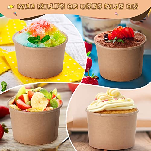 Honeydak 100 Pieces Ice Cream Cups Paper Disposable Sundae Bowls Kraft Paper Hot Cold Soup Snack Yogurt Dessert Small Cups for Ice Cream Baby Shower Party Supplies, Brown(8 oz)