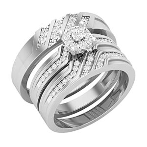 dazzlingrock collection 0.35 carat round white diamond cushion framed trio ring set for him & her in 925 sterling silver, women size 8 and men size 10.5