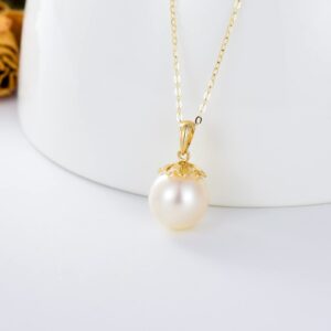 SISGEM 14K Real Gold Pearl Pendant Necklace for Women,Yellow Gold 9 MM Freshwater Pearl Necklace Anniversary Birthday Jewelry Present for Wife Mom 16''+2'' (Yellow Gold, 9 MM)