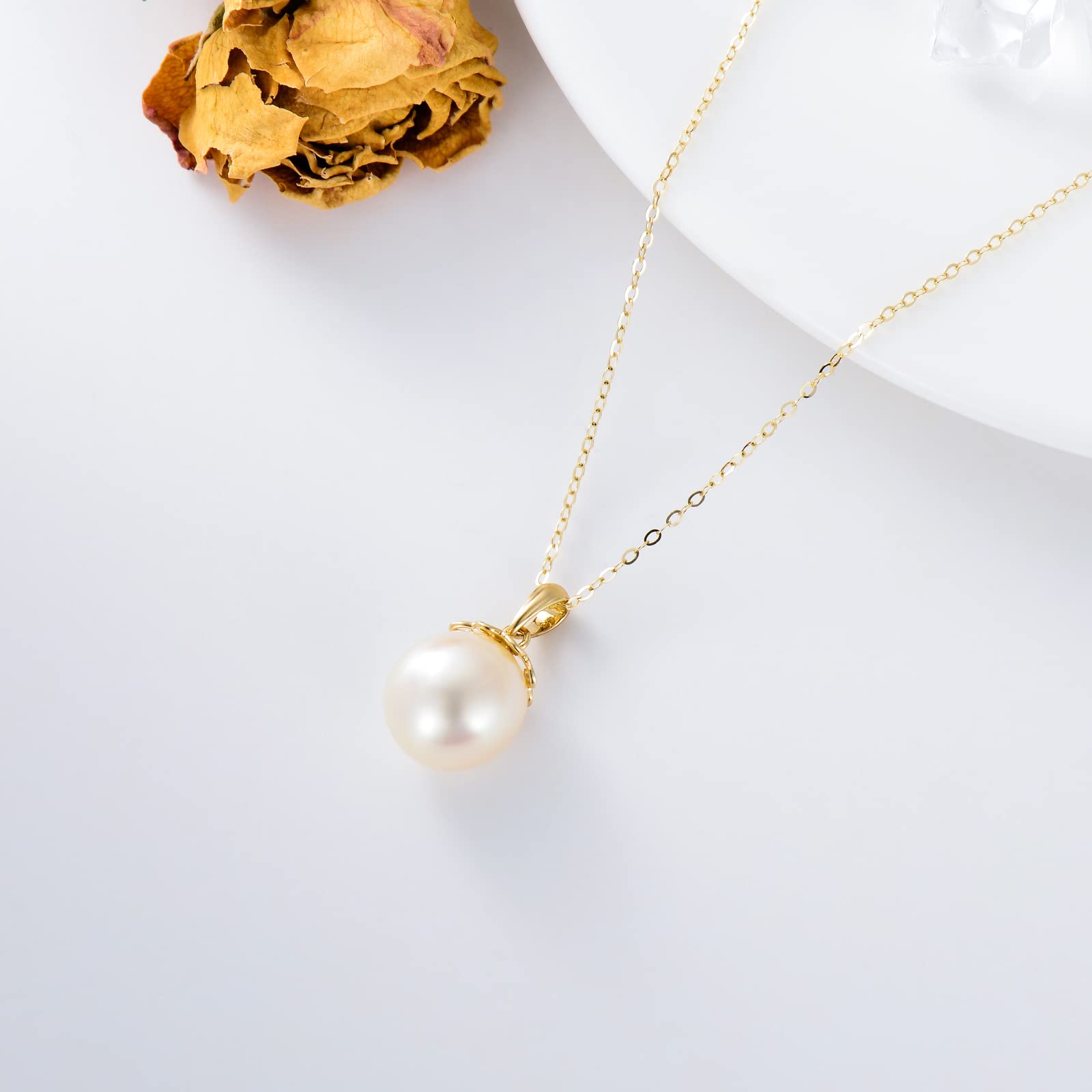 SISGEM 14K Real Gold Pearl Pendant Necklace for Women,Yellow Gold 9 MM Freshwater Pearl Necklace Anniversary Birthday Jewelry Present for Wife Mom 16''+2'' (Yellow Gold, 9 MM)