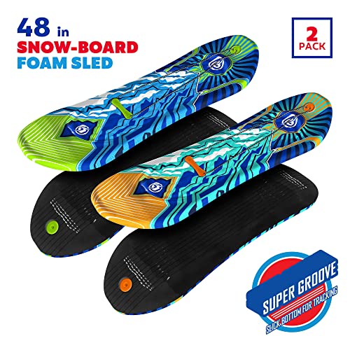 Sno-Storm Premium Foam Snowboard Sled 2-Pack | Tow Rope and Handle | Sized for Youth and Adults | Contoured Foot Deck Design | 48in-122cm Design Length | Blue Green & Blue Org Peak, (AZ21-SSSL480-2PK)