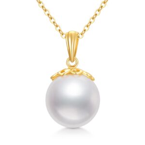 sisgem 14k real gold pearl pendant necklace for women,yellow gold 9 mm freshwater pearl necklace anniversary birthday jewelry present for wife mom 16''+2'' (yellow gold, 9 mm)