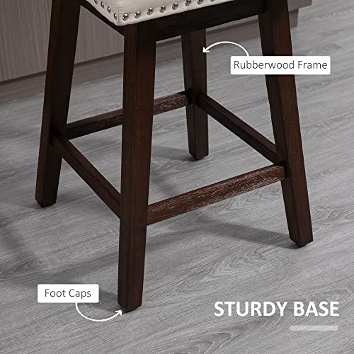 HOMCOM 28" Swivel Bar Height Bar Stools Set of 2, Armless PU Leather Upholstered Barstools Chairs with Nailhead Trim and Wood Legs, Cream White