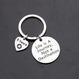 BEKECH NA Sobriety Anniversary Jewelry Life is A Journey Not A Destination 1 Year 2 Year 3 Year NA Symbol Charm Keychain for Sobriety Recovery Men Women (5 year silver)