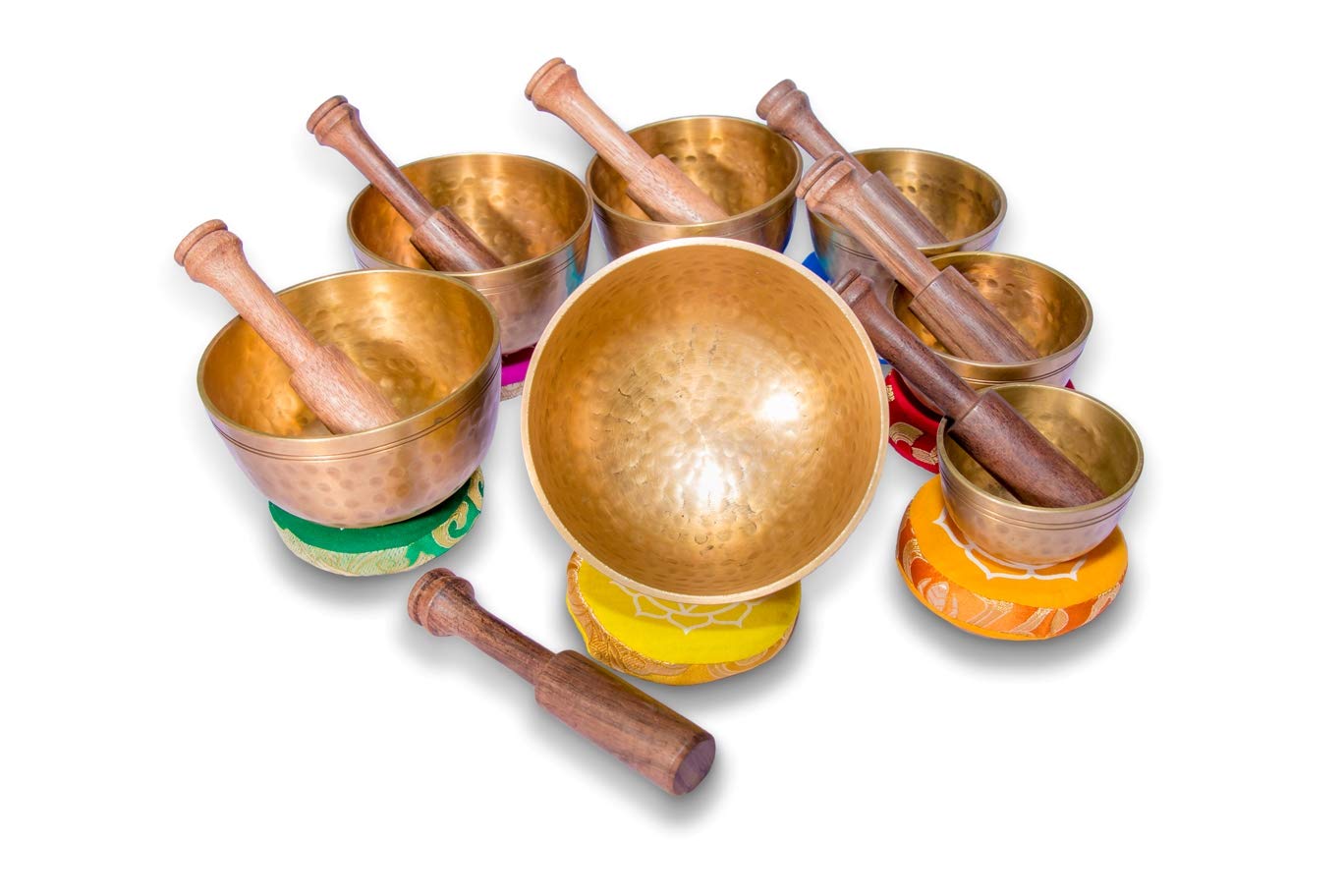 MASUM Tibetan Singing Bowl Set of 7, Authentic 7 metals for Yoga, Chakra healing, Deep Relaxation, Stress Relief and Mindfulness, Handmade in Nepal, comes w/ silk cushions an sticks MA-04