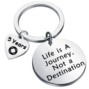 bekech na sobriety anniversary jewelry life is a journey not a destination 1 year 2 year 3 year na symbol charm keychain for sobriety recovery men women (5 year silver)