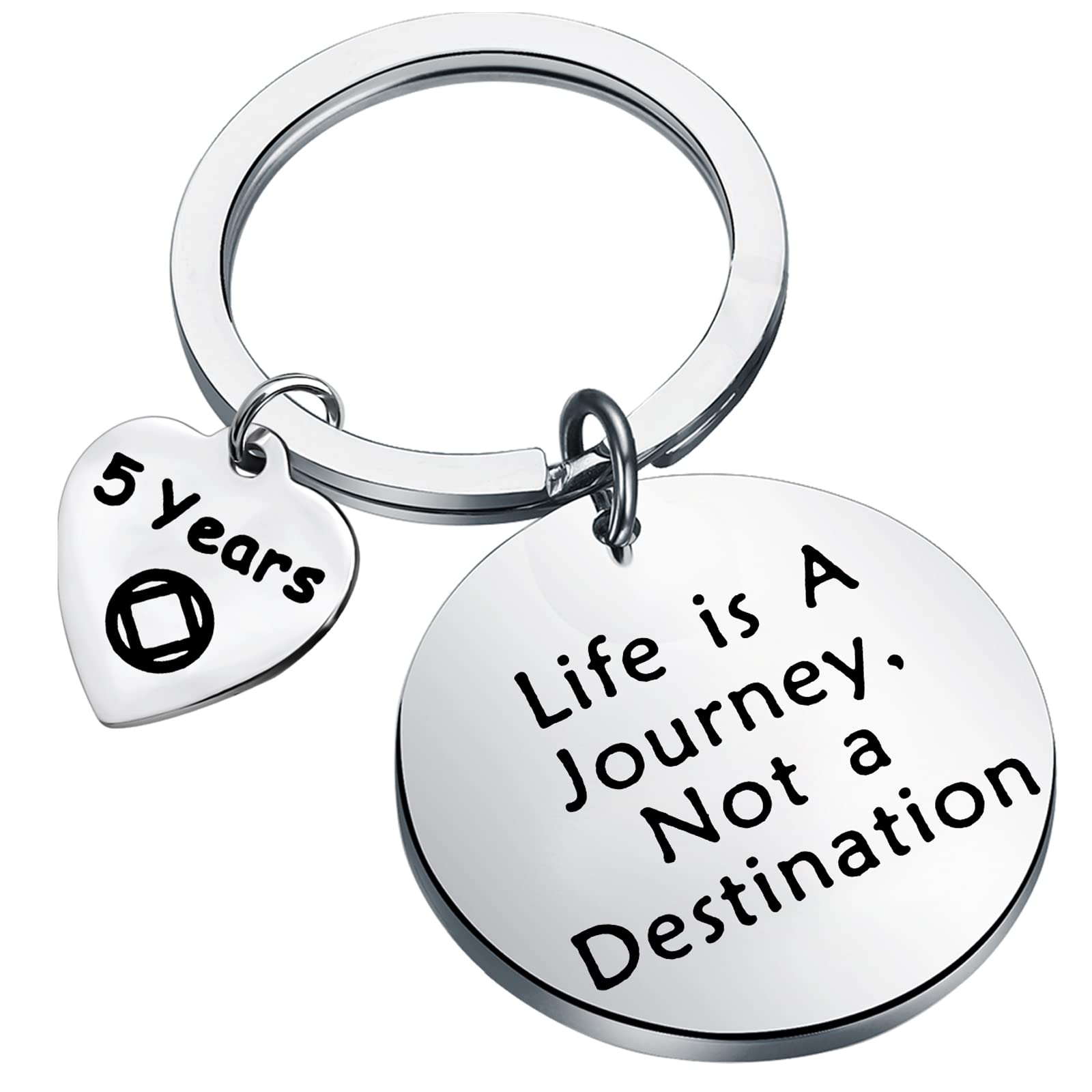 BEKECH NA Sobriety Anniversary Jewelry Life is A Journey Not A Destination 1 Year 2 Year 3 Year NA Symbol Charm Keychain for Sobriety Recovery Men Women (5 year silver)