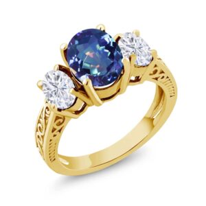 gem stone king 18k yellow gold plated silver 3-stone ring oval millennium blue mystic quartz and moissanite (2.80 cttw) (size 6)