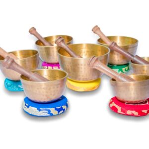 MASUM Tibetan Singing Bowl Set of 7, Authentic 7 metals for Yoga, Chakra healing, Deep Relaxation, Stress Relief and Mindfulness, Handmade in Nepal, comes w/ silk cushions an sticks MA-04