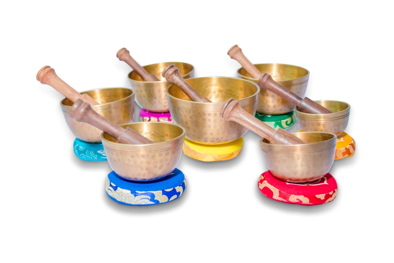 MASUM Tibetan Singing Bowl Set of 7, Authentic 7 metals for Yoga, Chakra healing, Deep Relaxation, Stress Relief and Mindfulness, Handmade in Nepal, comes w/ silk cushions an sticks MA-04