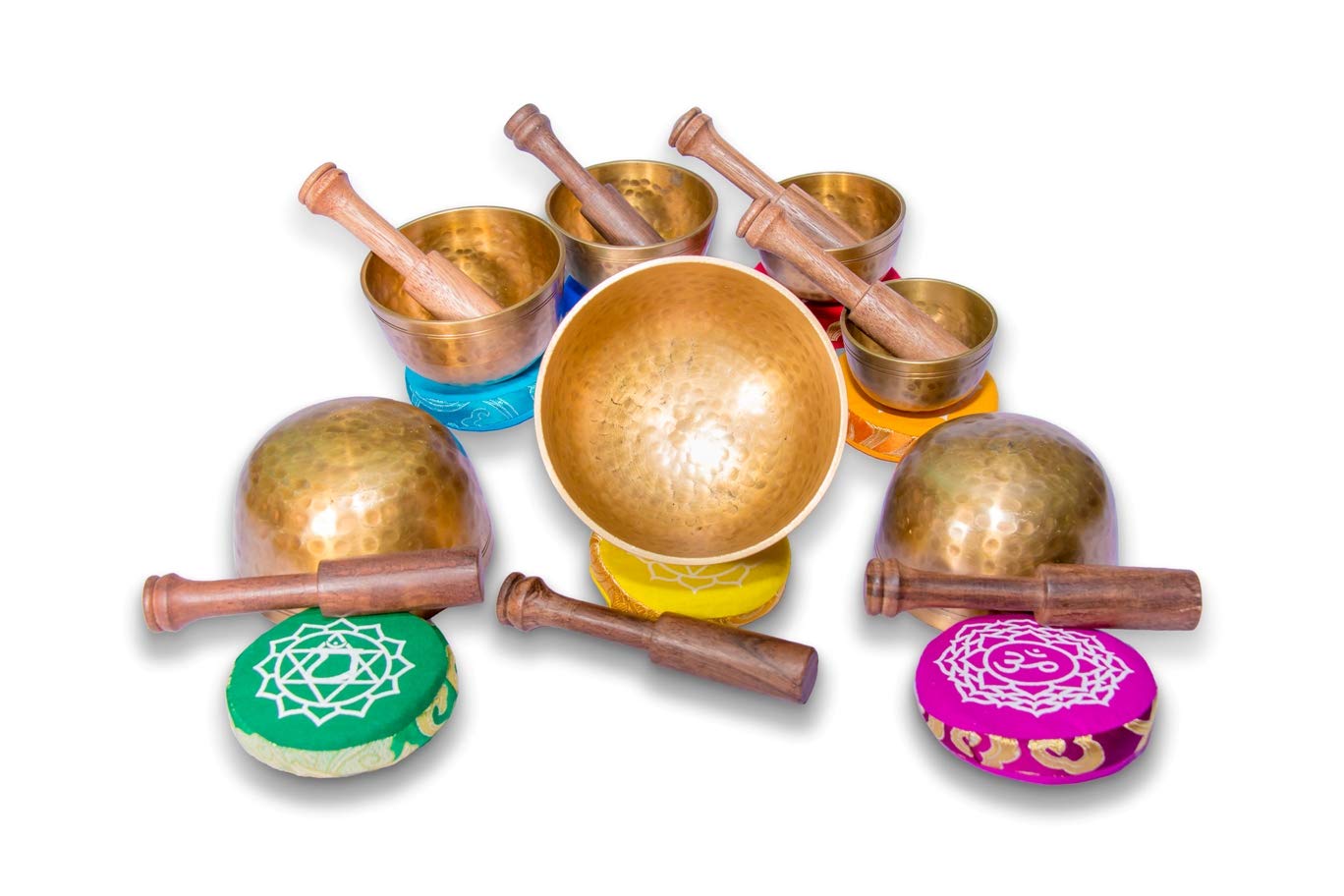 MASUM Tibetan Singing Bowl Set of 7, Authentic 7 metals for Yoga, Chakra healing, Deep Relaxation, Stress Relief and Mindfulness, Handmade in Nepal, comes w/ silk cushions an sticks MA-04