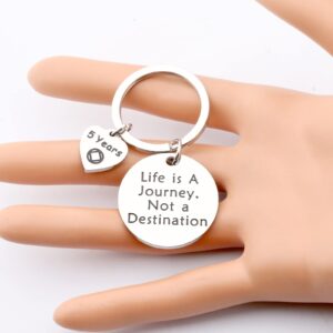 BEKECH NA Sobriety Anniversary Jewelry Life is A Journey Not A Destination 1 Year 2 Year 3 Year NA Symbol Charm Keychain for Sobriety Recovery Men Women (5 year silver)