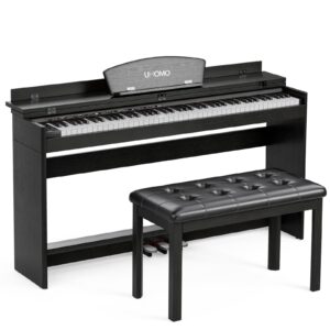 umomo 88 key full size digital piano electric keyboard with piano bench, music stand+power adapter+3-pedal board+instruction book+headphone jack for beginner/adults, black