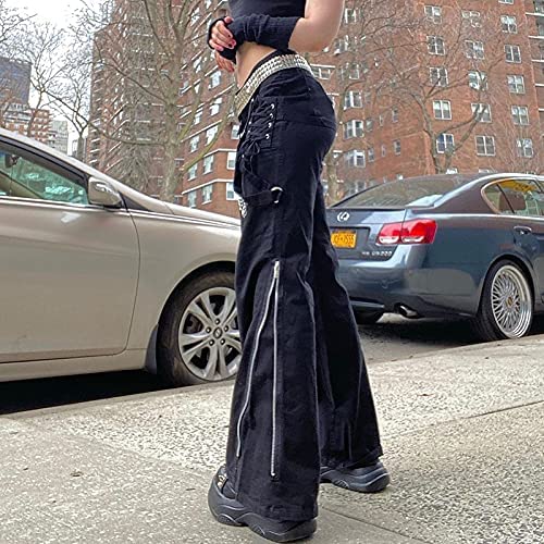 Biivrii Women High Waisted Gothic Cargo Pants Low Waist Wide Leg Flare Denim Trousers Baggy Jeans Fashion Y2K Streetwear