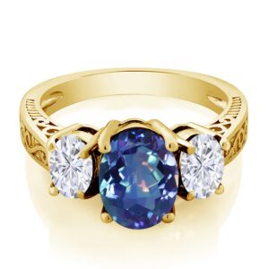 Gem Stone King 18K Yellow Gold Plated Silver 3-Stone Ring Oval Millennium Blue Mystic Quartz and Moissanite (2.80 Cttw) (Size 6)