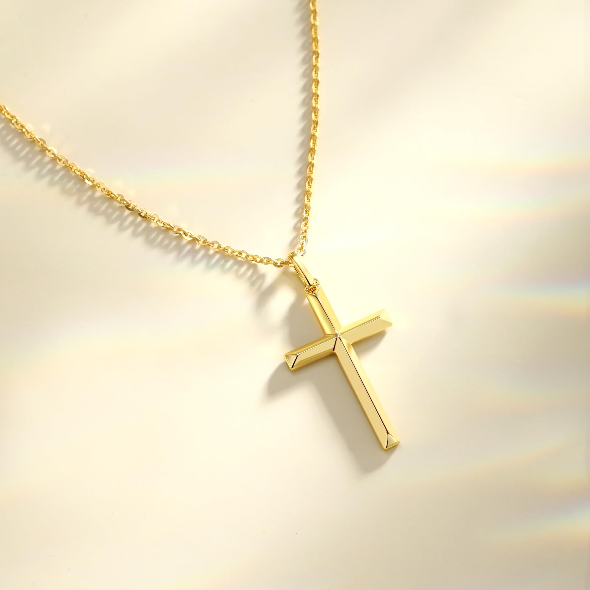 FANCIME Yellow Gold Plated 925 Sterling Silver Beveled Cross Pendant Necklace Dainty Fine Delicate Jewelry Easter Gifts for Women 18 INCHES