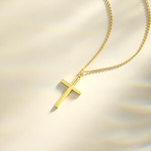 FANCIME Yellow Gold Plated 925 Sterling Silver Beveled Cross Pendant Necklace Dainty Fine Delicate Jewelry Easter Gifts for Women 18 INCHES