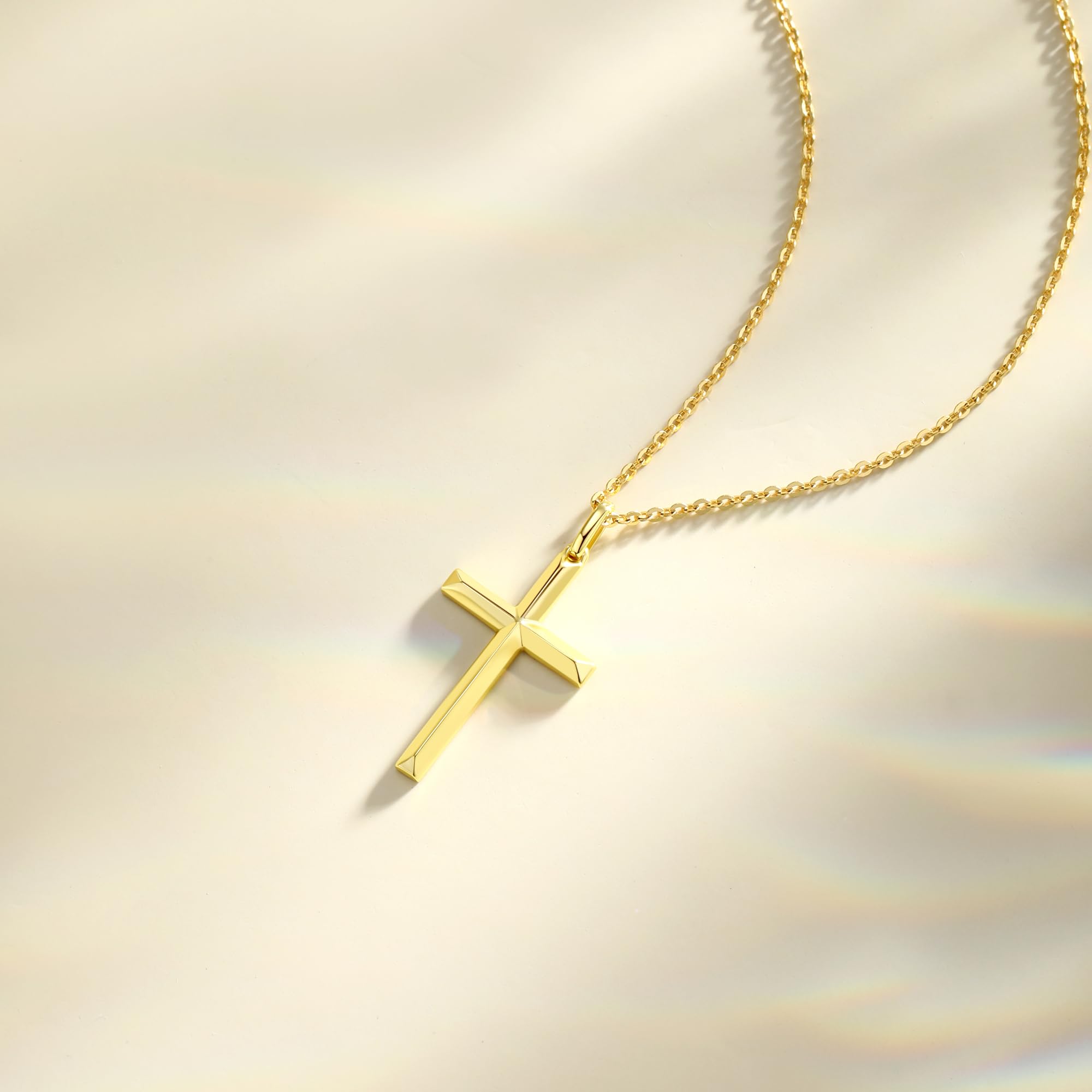 FANCIME Yellow Gold Plated 925 Sterling Silver Beveled Cross Pendant Necklace Dainty Fine Delicate Jewelry Easter Gifts for Women 18 INCHES