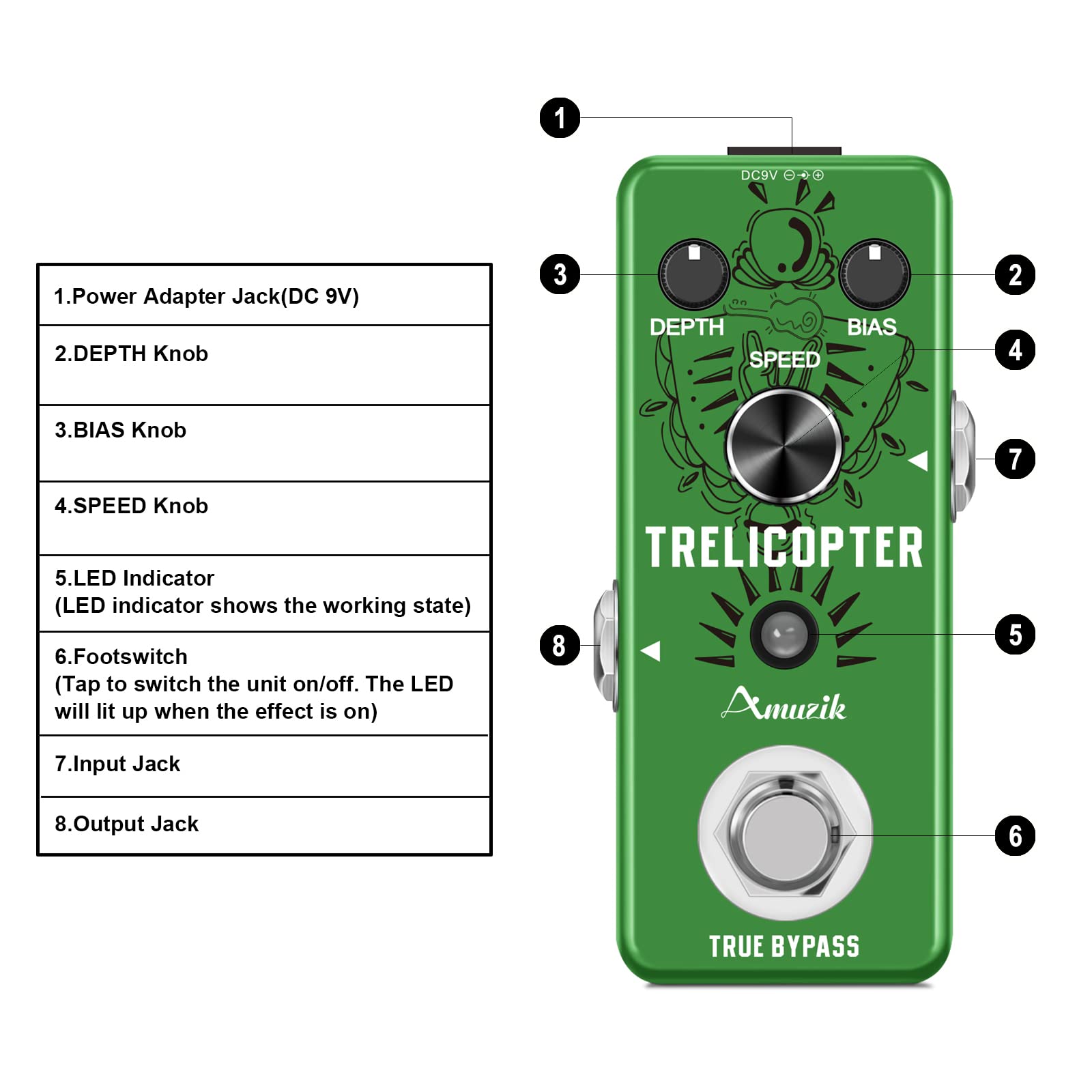 Amuzik Tremolo Guitar Effect Pedal Classic Trelicopter Effects Pedals Analog Tremolo Pedal for Electric Guitar True Bypass Mini Size