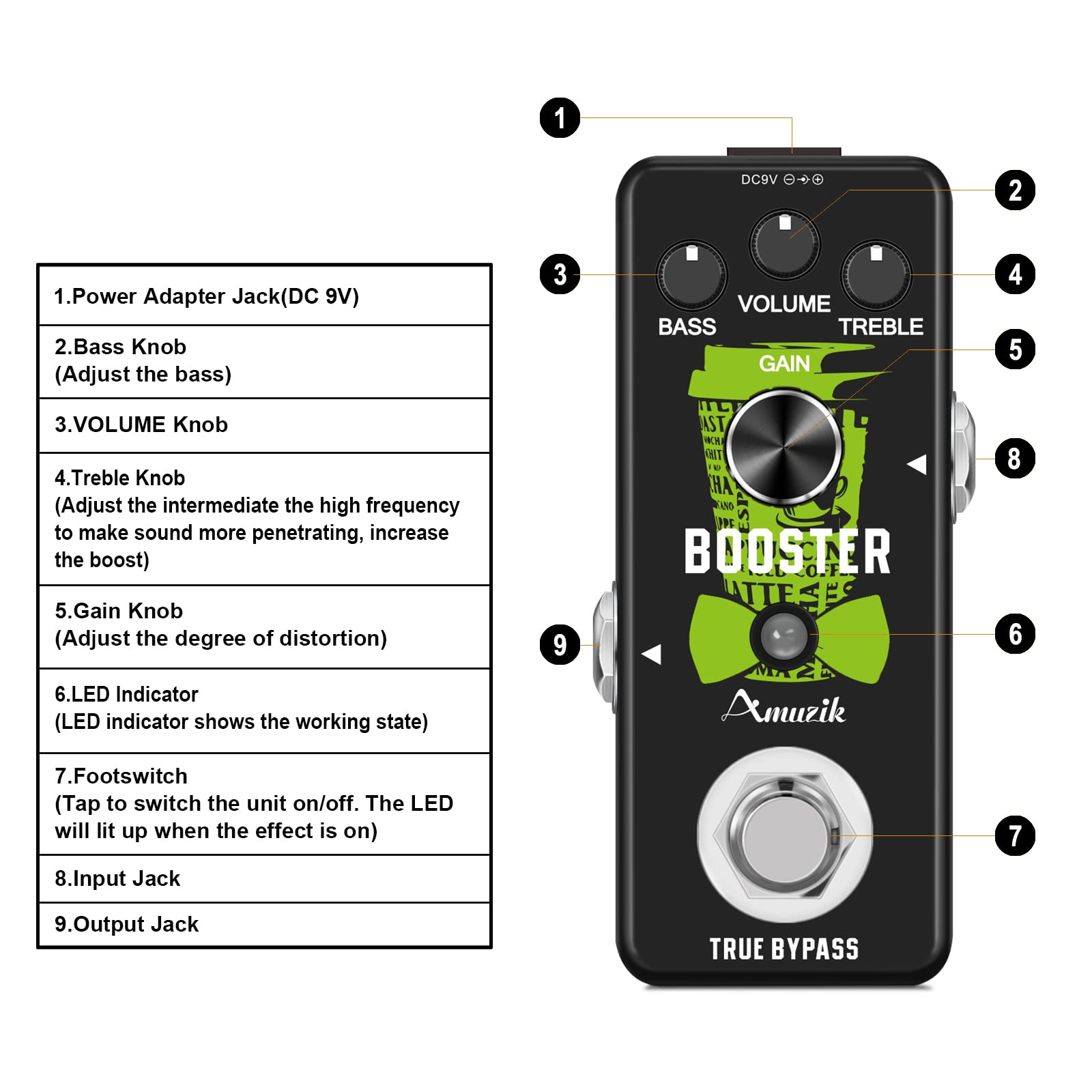 Amuzik Guitar Effect Pedal Booster Analog Guitar Boost Effects Pedals For Electric Guitar Classic Pure Signal Amplification Mini Size True Bypass