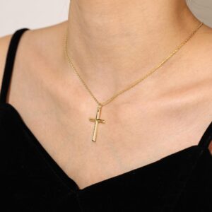 FANCIME Yellow Gold Plated 925 Sterling Silver Beveled Cross Pendant Necklace Dainty Fine Delicate Jewelry Easter Gifts for Women 18 INCHES