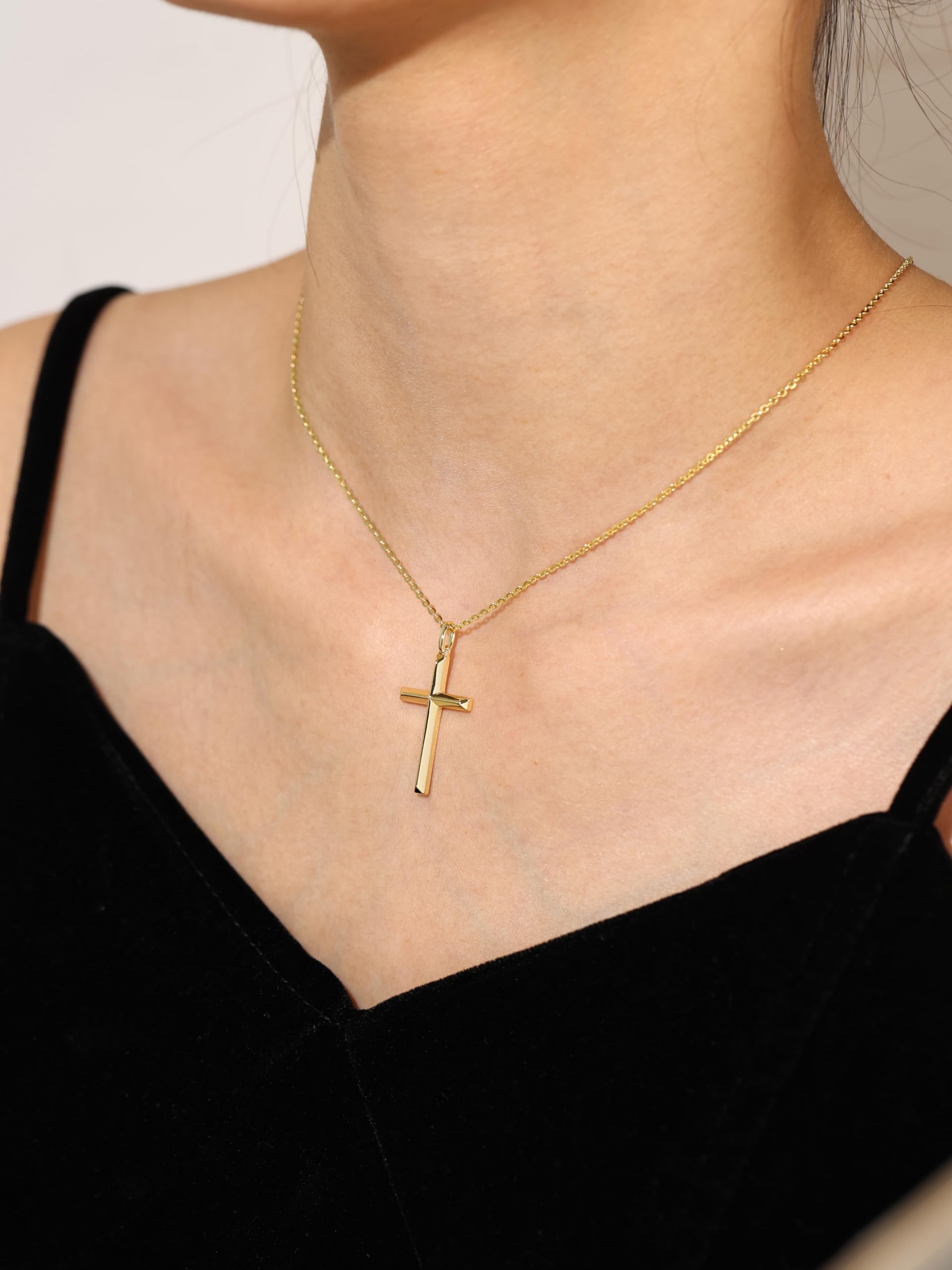 FANCIME Yellow Gold Plated 925 Sterling Silver Beveled Cross Pendant Necklace Dainty Fine Delicate Jewelry Easter Gifts for Women 18 INCHES