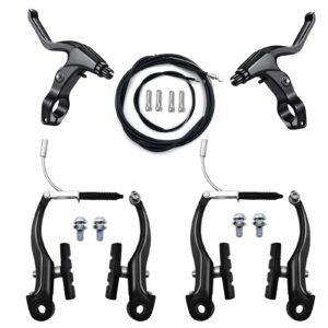 hmseng v-type bike brake set, complete universal bike front and rear mtb brake, bicycle brakes, inner and outer cables, include brakes lever calipers multi-tool wrenches-dark black