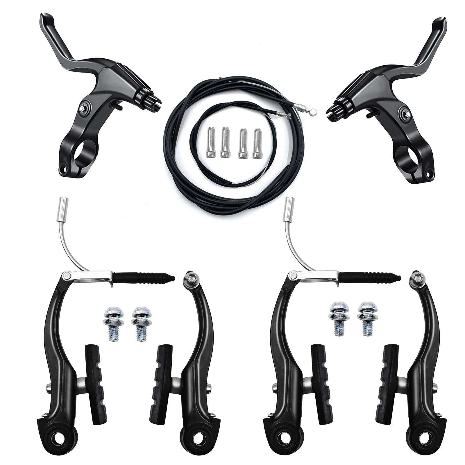 Hmseng V-Type Bike Brake Set, Complete Universal Bike Front and Rear MTB Brake, Bicycle Brakes, Inner and Outer Cables, Include Brakes Lever Calipers Multi-Tool Wrenches-Dark Black