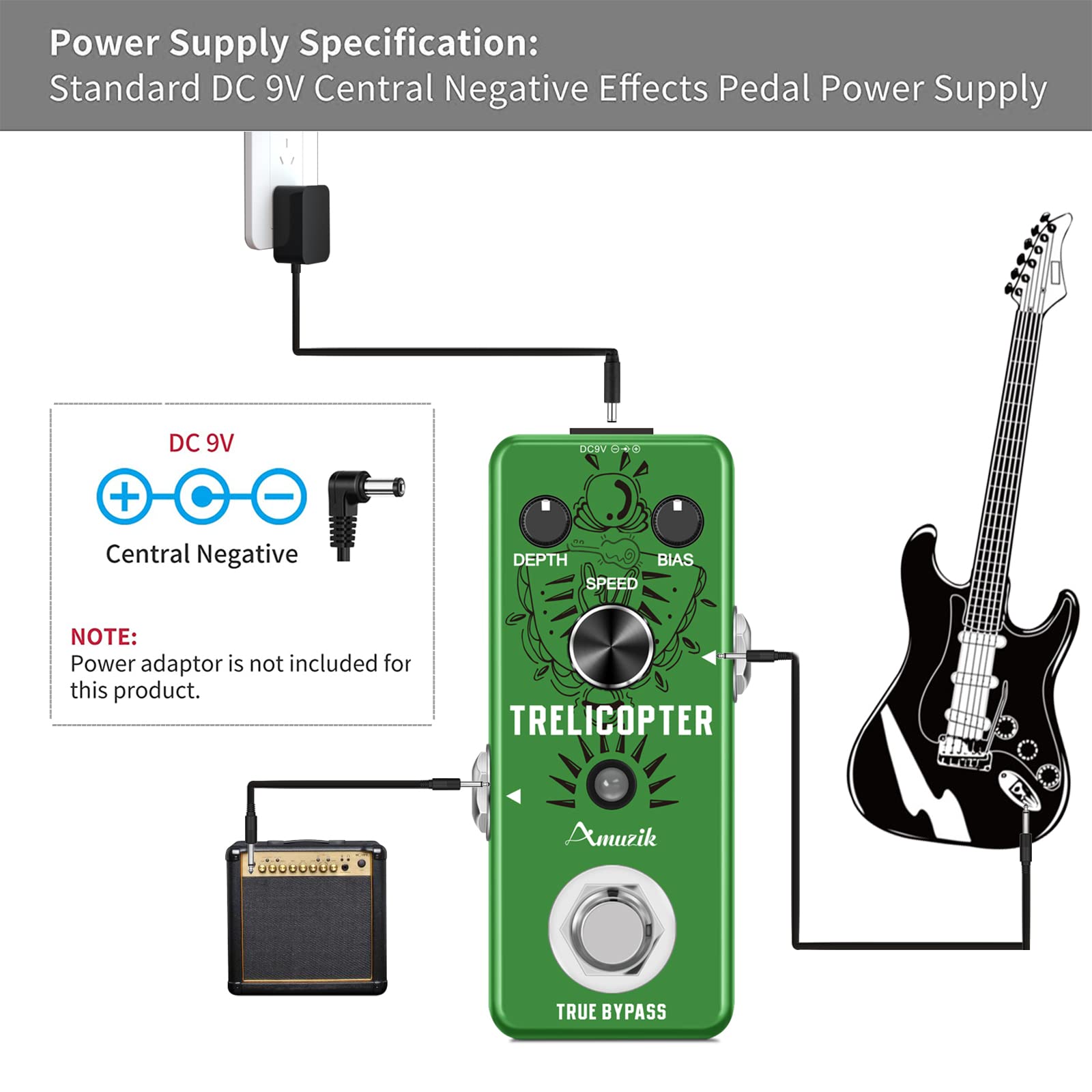 Amuzik Tremolo Guitar Effect Pedal Classic Trelicopter Effects Pedals Analog Tremolo Pedal for Electric Guitar True Bypass Mini Size