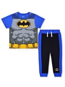 dc comics boys’ batman and superman t-shirt and jogger set for toddler and little kids – blue/navy or grey/blue/black