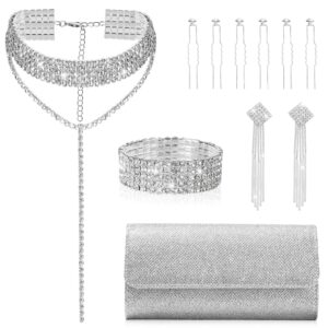 rdanruy women crystal jewelry set,glitter rhinestone stretch bracelet necklace dangle fringe earrings with evening bag for wedding party