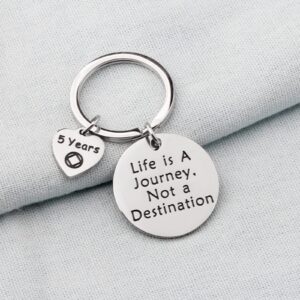 BEKECH NA Sobriety Anniversary Jewelry Life is A Journey Not A Destination 1 Year 2 Year 3 Year NA Symbol Charm Keychain for Sobriety Recovery Men Women (5 year silver)