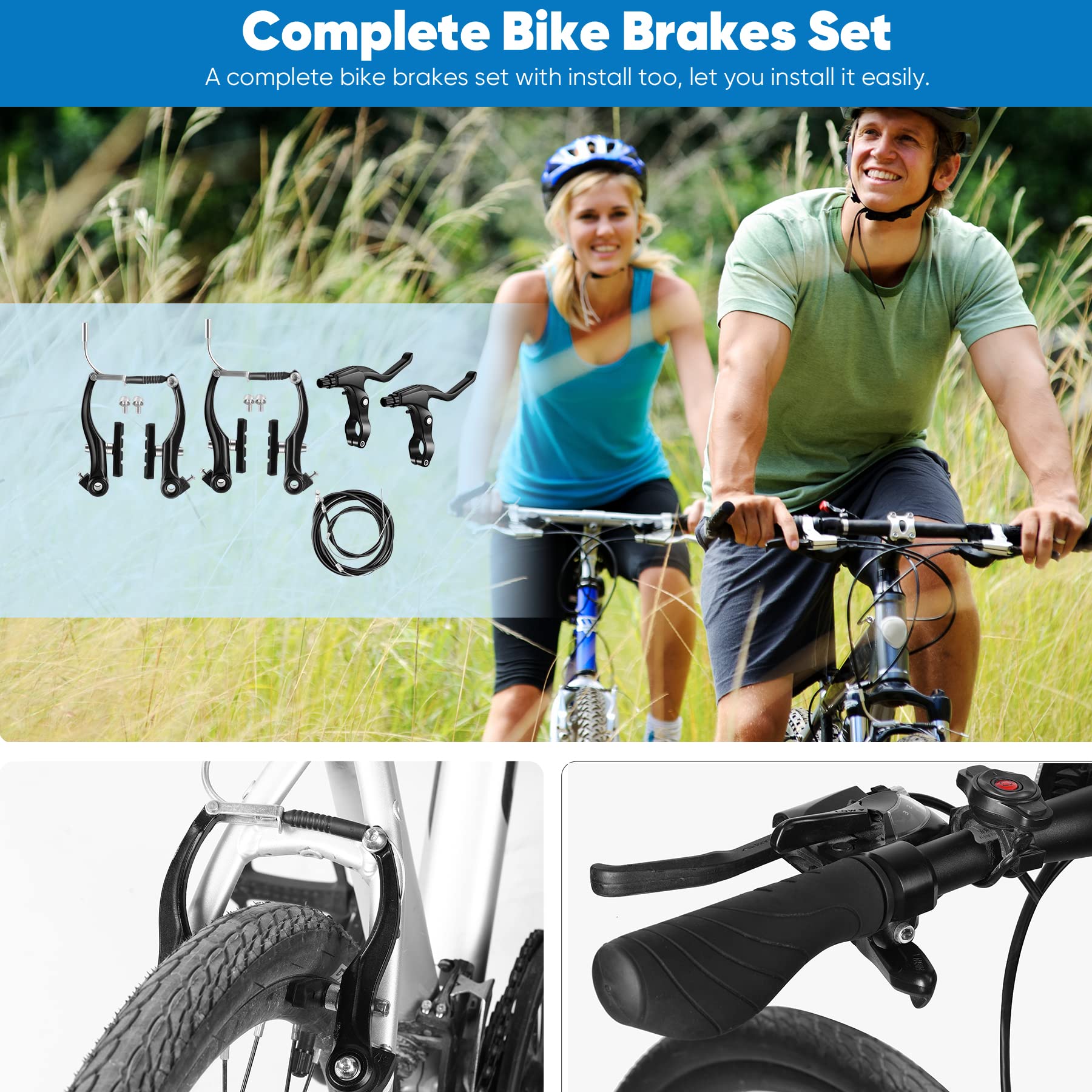 Hmseng V-Type Bike Brake Set, Complete Universal Bike Front and Rear MTB Brake, Bicycle Brakes, Inner and Outer Cables, Include Brakes Lever Calipers Multi-Tool Wrenches-Dark Black